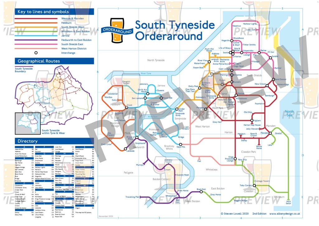 London Underground-style pub map: South Tyneside, UK – Prints With ...