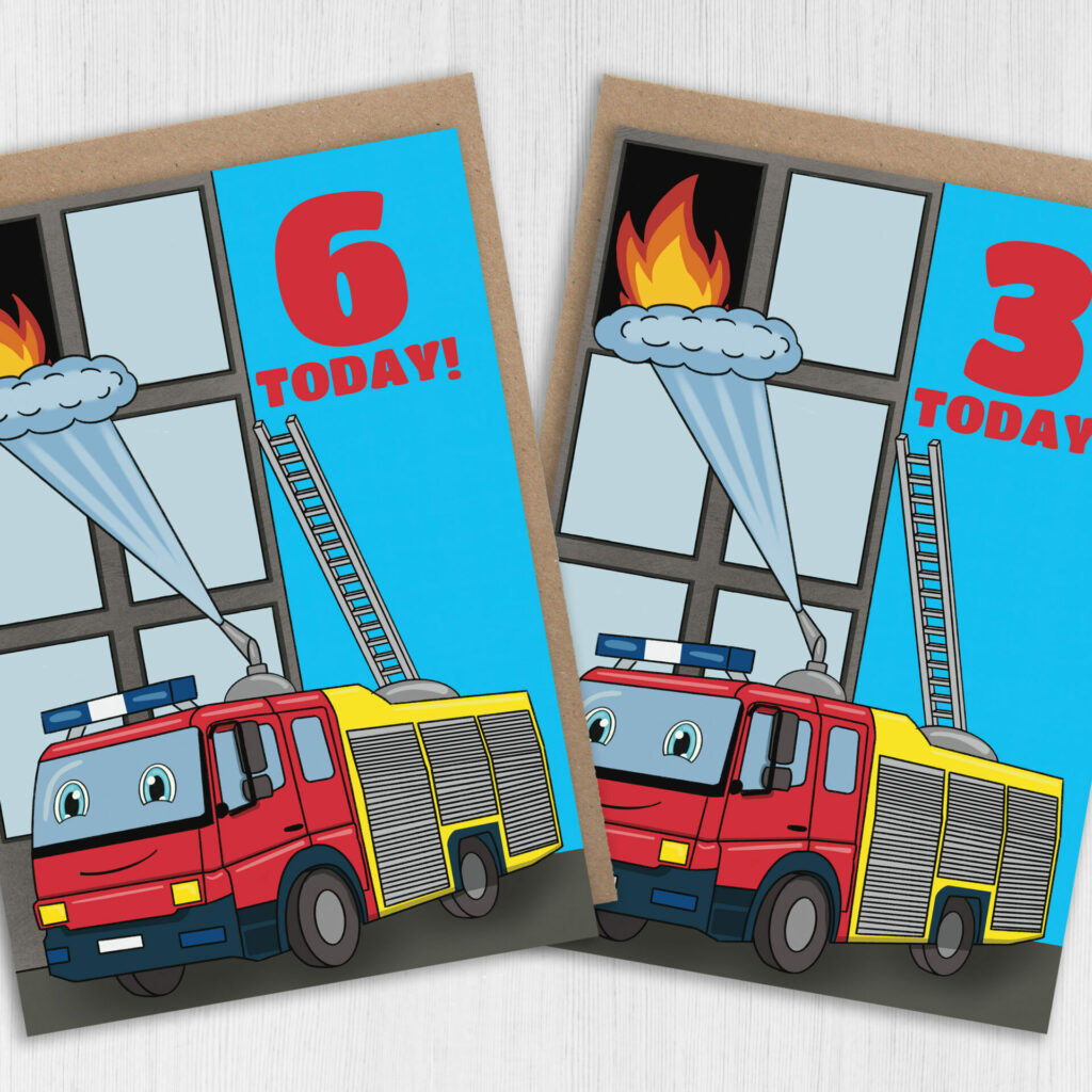 Fire engine kids age birthday card – Prints With Personality